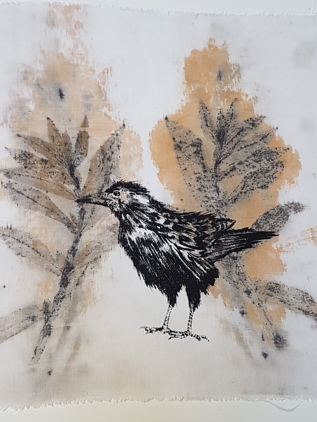 31 X 31 Cm Screenprinted Crow on Cloth Rust Dyed Slow Dyeing Natural ...
