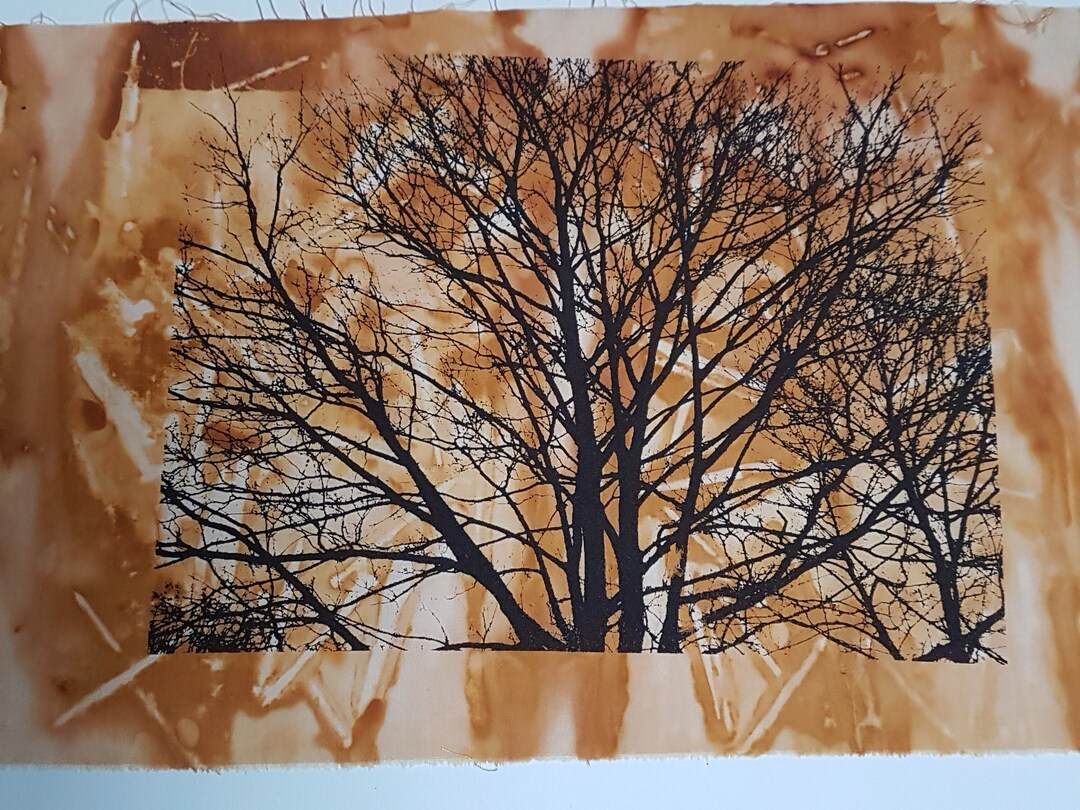 37 X 23 Cm Screenprinted Tree on Cloth Rust Dyed Slow Dyeing Natural Eco Dye Textile Art Fabric ...