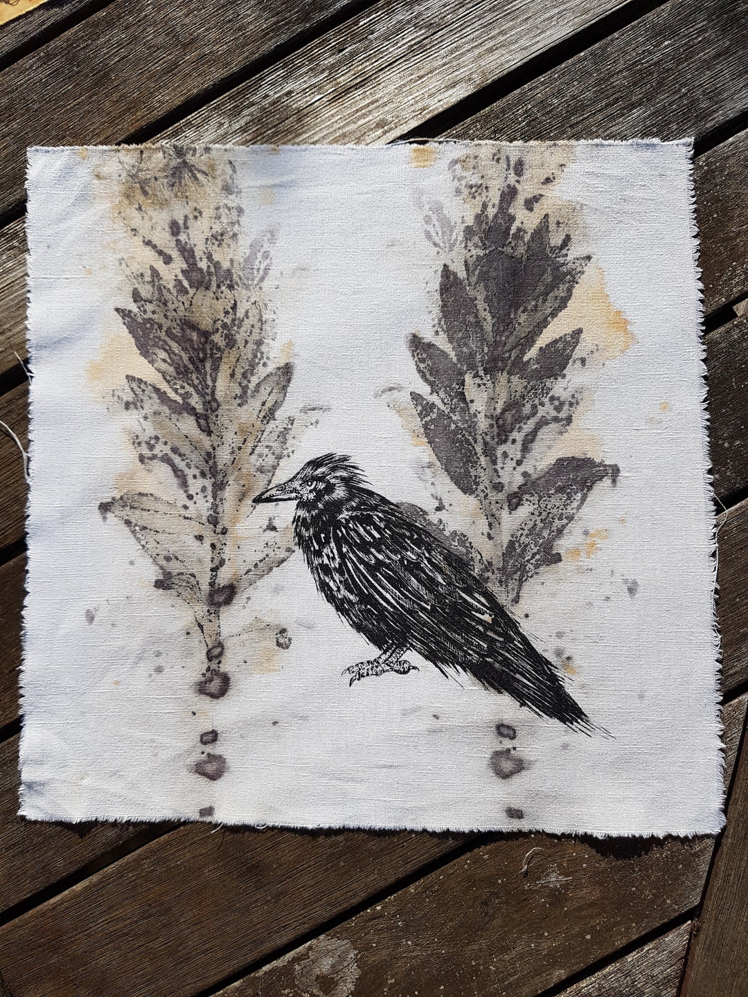 31 X 31 Cm Screenprinted Crow on Cloth Rust Dyed Slow Dyeing Natural ...