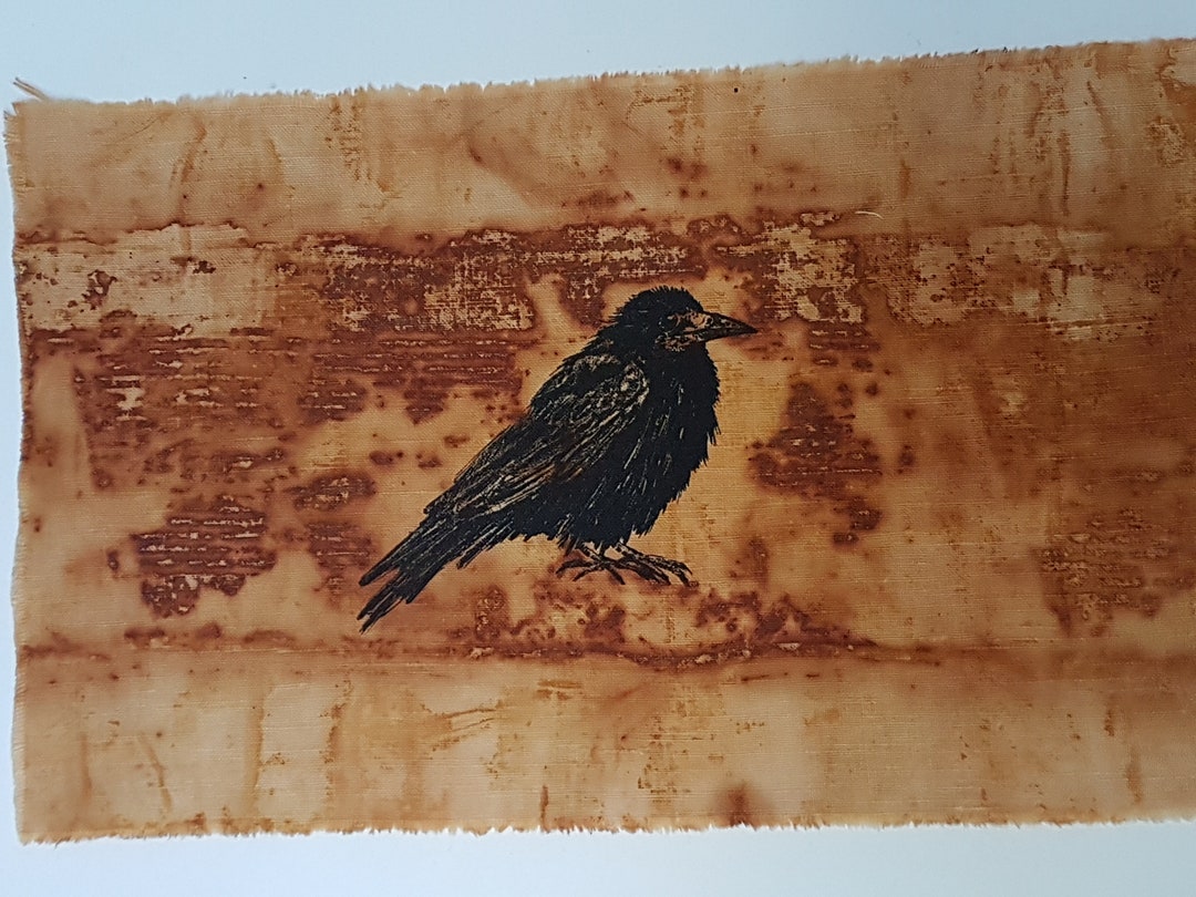 29 X 18 Cm Screenprinted Crow on Cloth Rust Dyed Slow Dyeing Natural ...