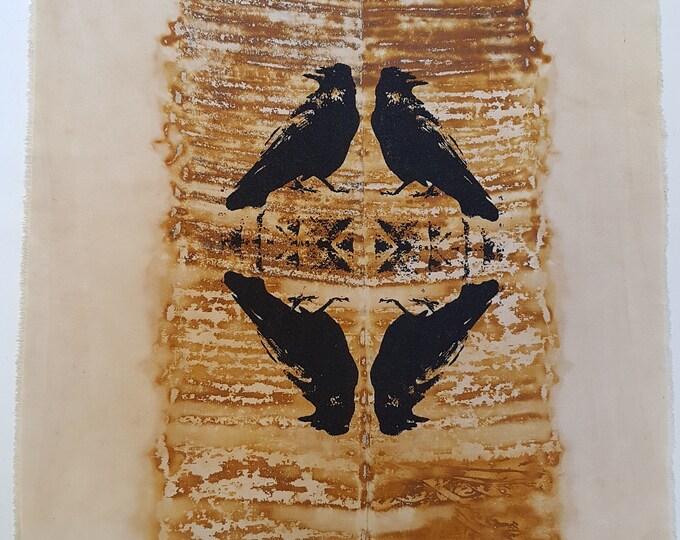 44 X 33cm Screenprinted Crows on Cloth Rust Dyed Slow Dyeing Natural ...