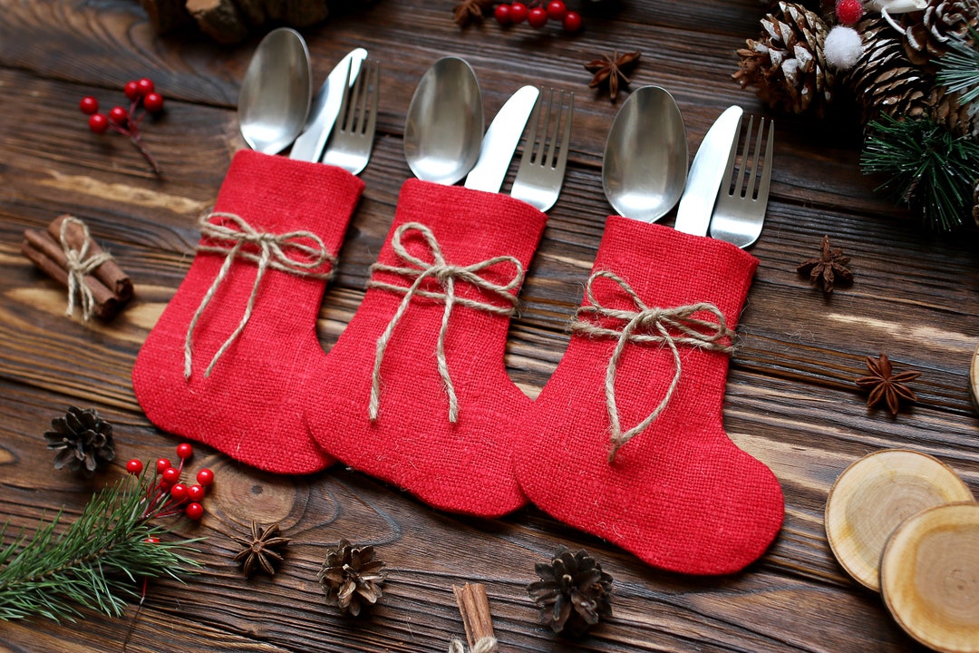 Christmas Silverware Holder, Christmas Table Decor, Burlap Christmas ...