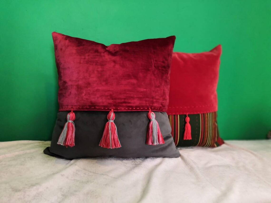 Luxury Velvet, Red, Grey, Tassel Cushion Cover, Embroidered, Handmade ...