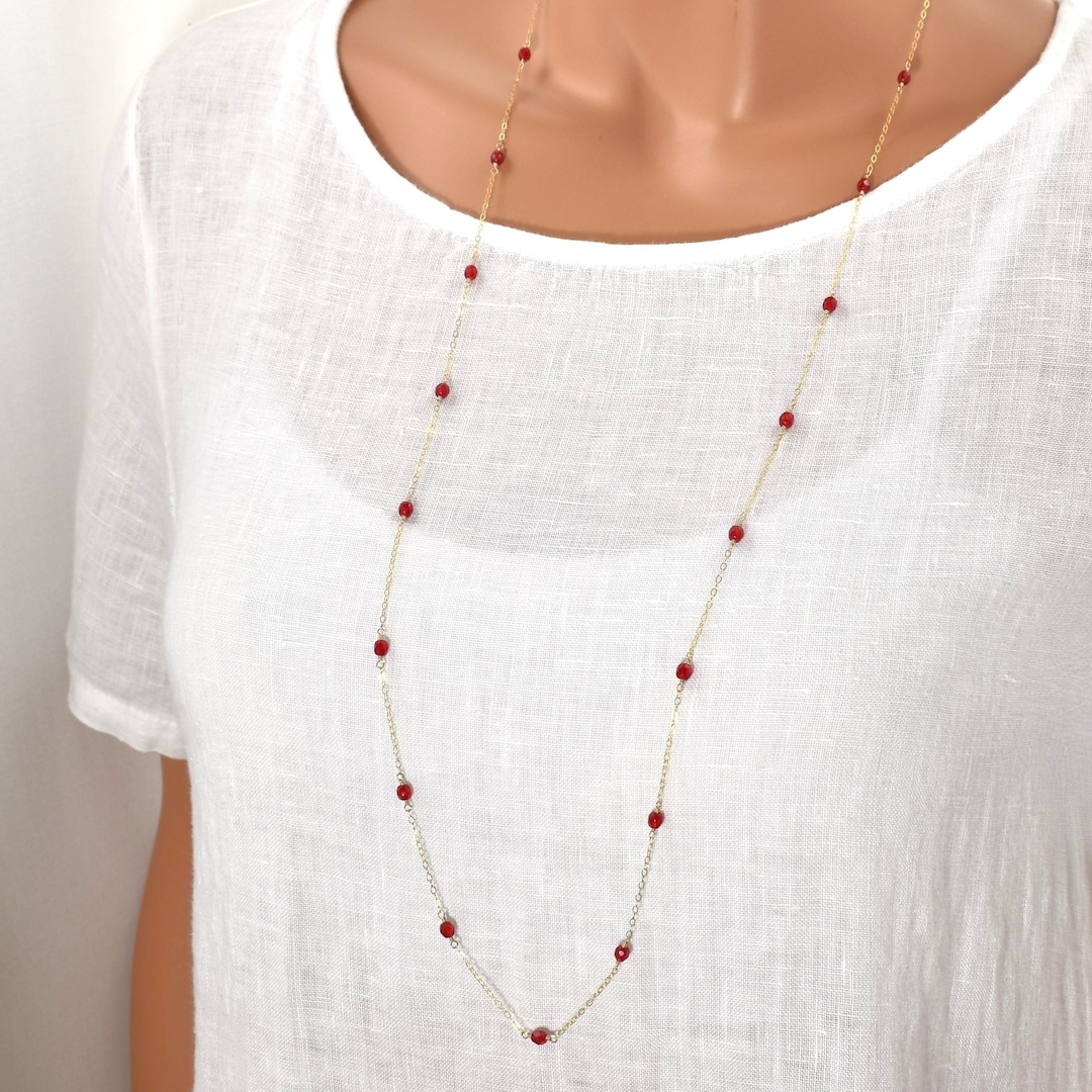 Long Gold Necklace With Dark Red Beads: 14K Gold-filled, Czech Glass ...