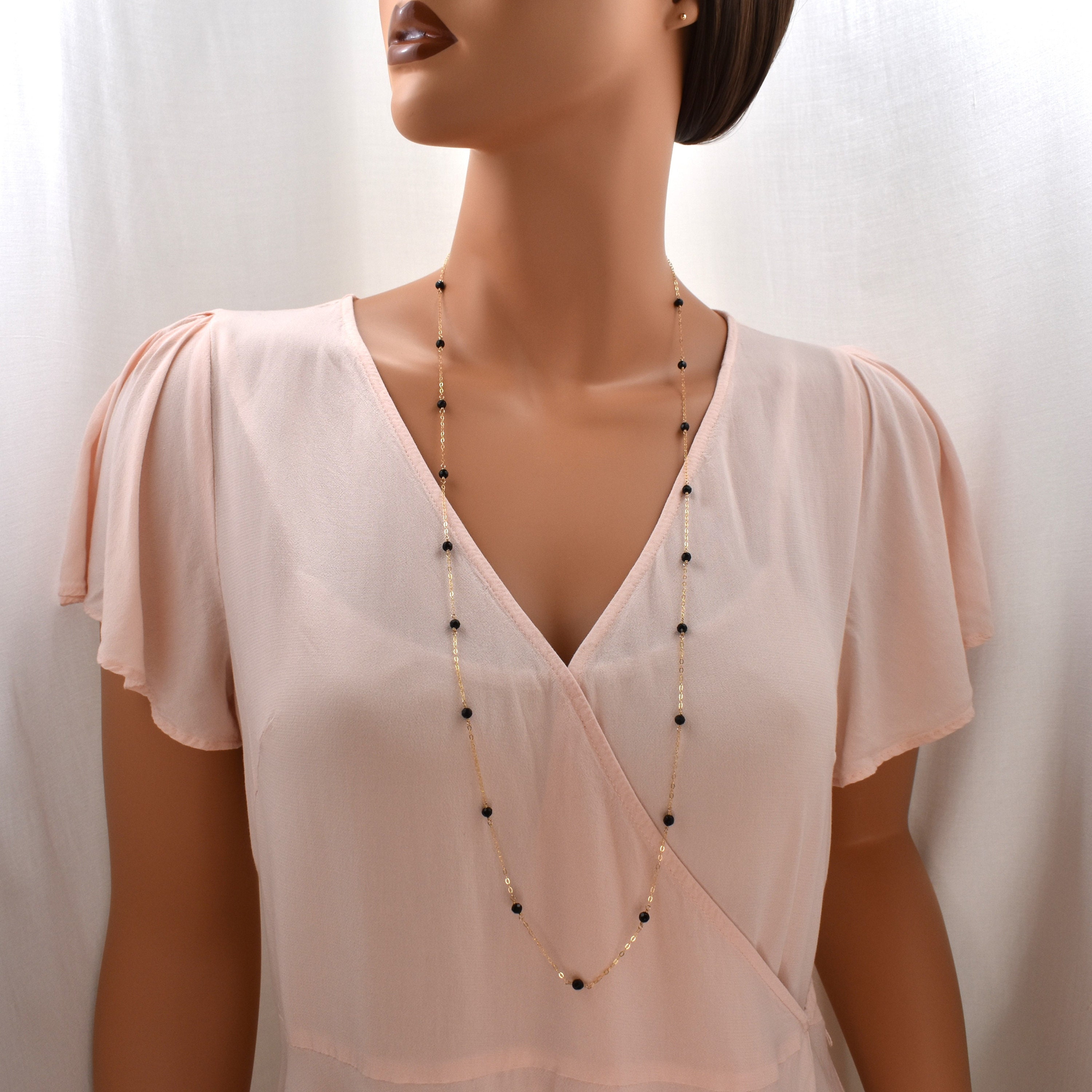 Long Gold Necklace With Black Onyx Beads: 36-inch Opera Length Chain - Etsy