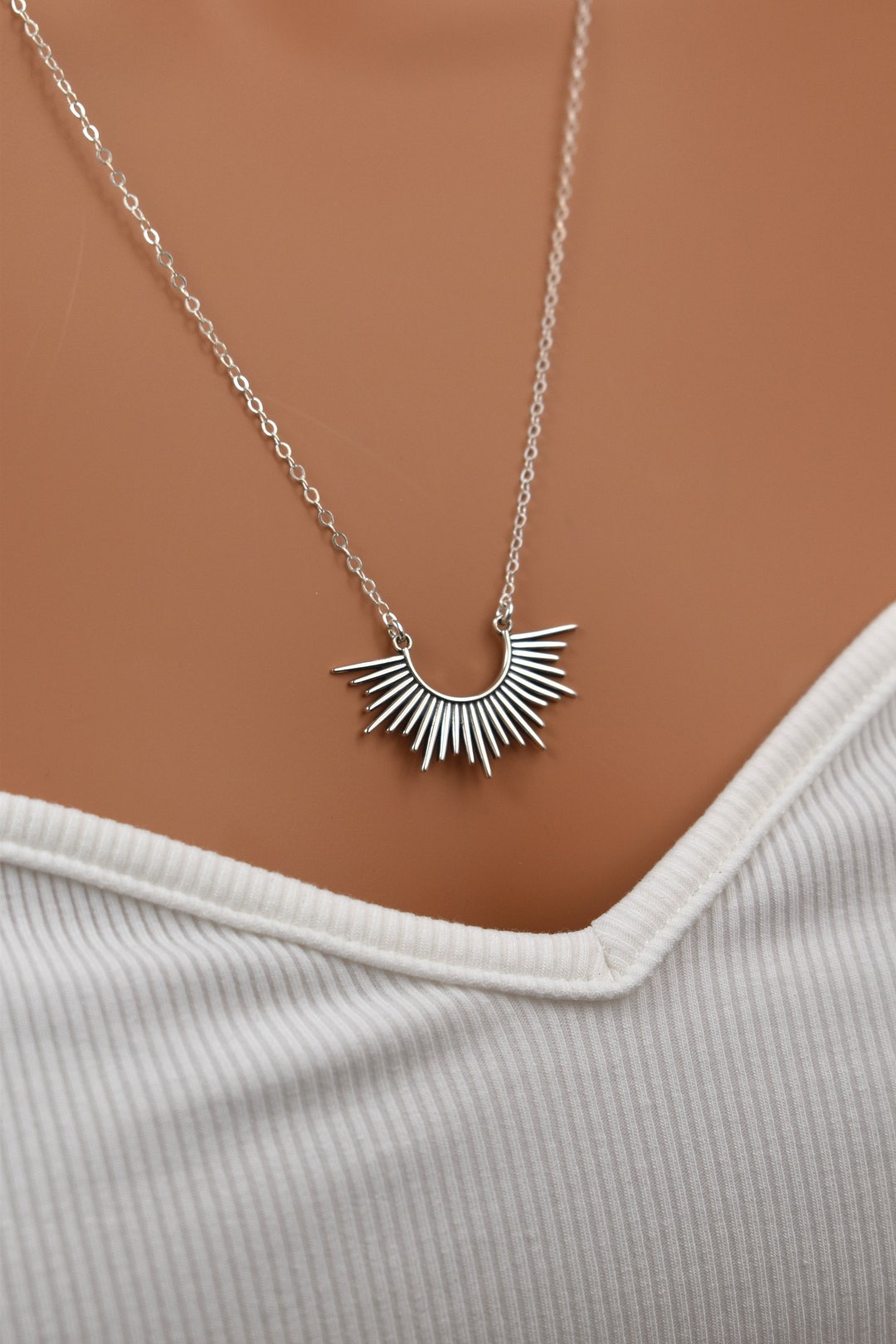 Sterling Silver Sun Rays Necklace Rising Sun Pendant Star Spike ...