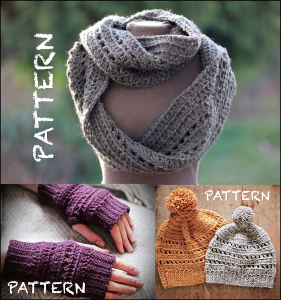Crochet Pattern Set: Riding the Rails Hat, Infinity Scarf, Fingerless ...