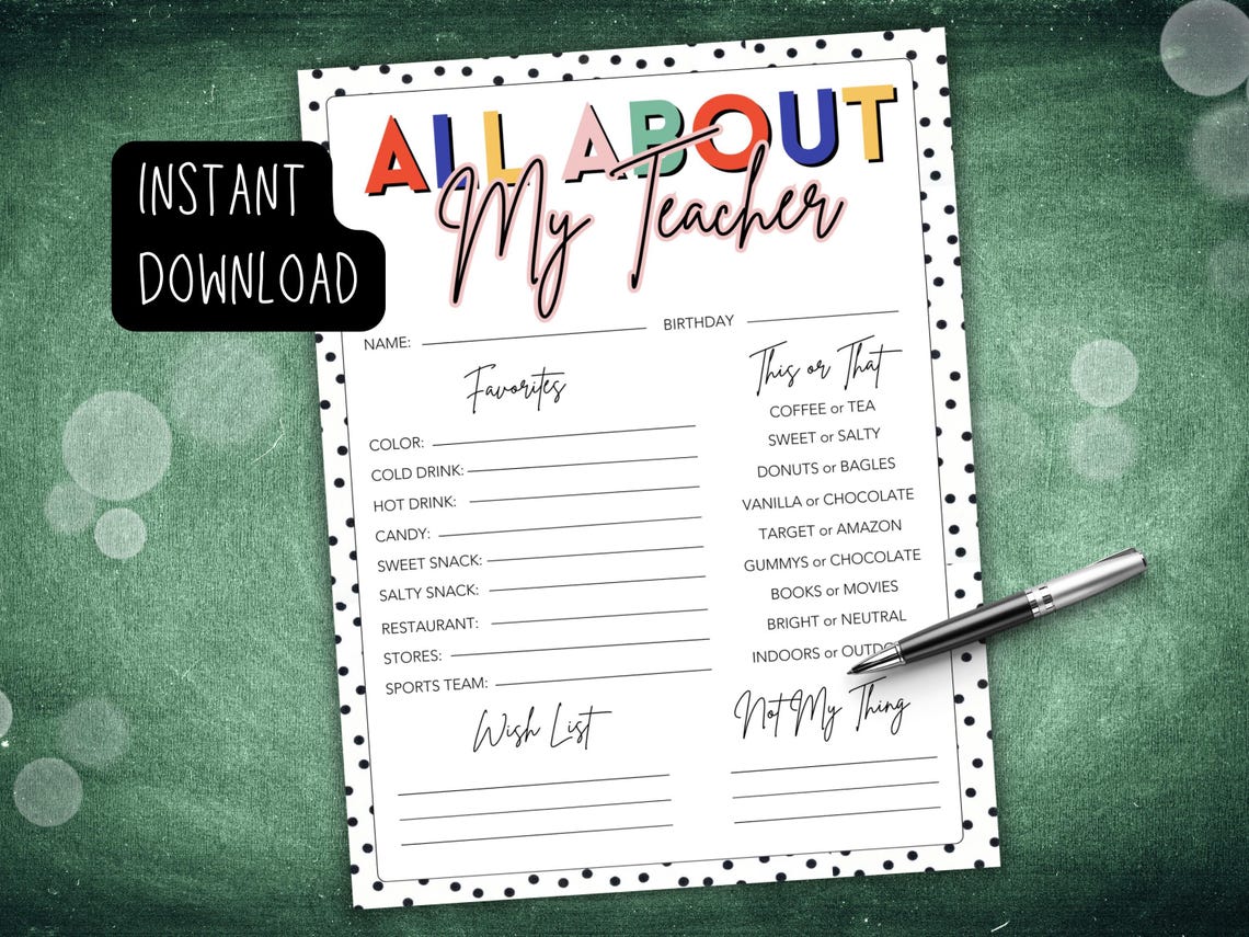 Teacher Favorites Survey Printable: Back to School Gift (digital ...