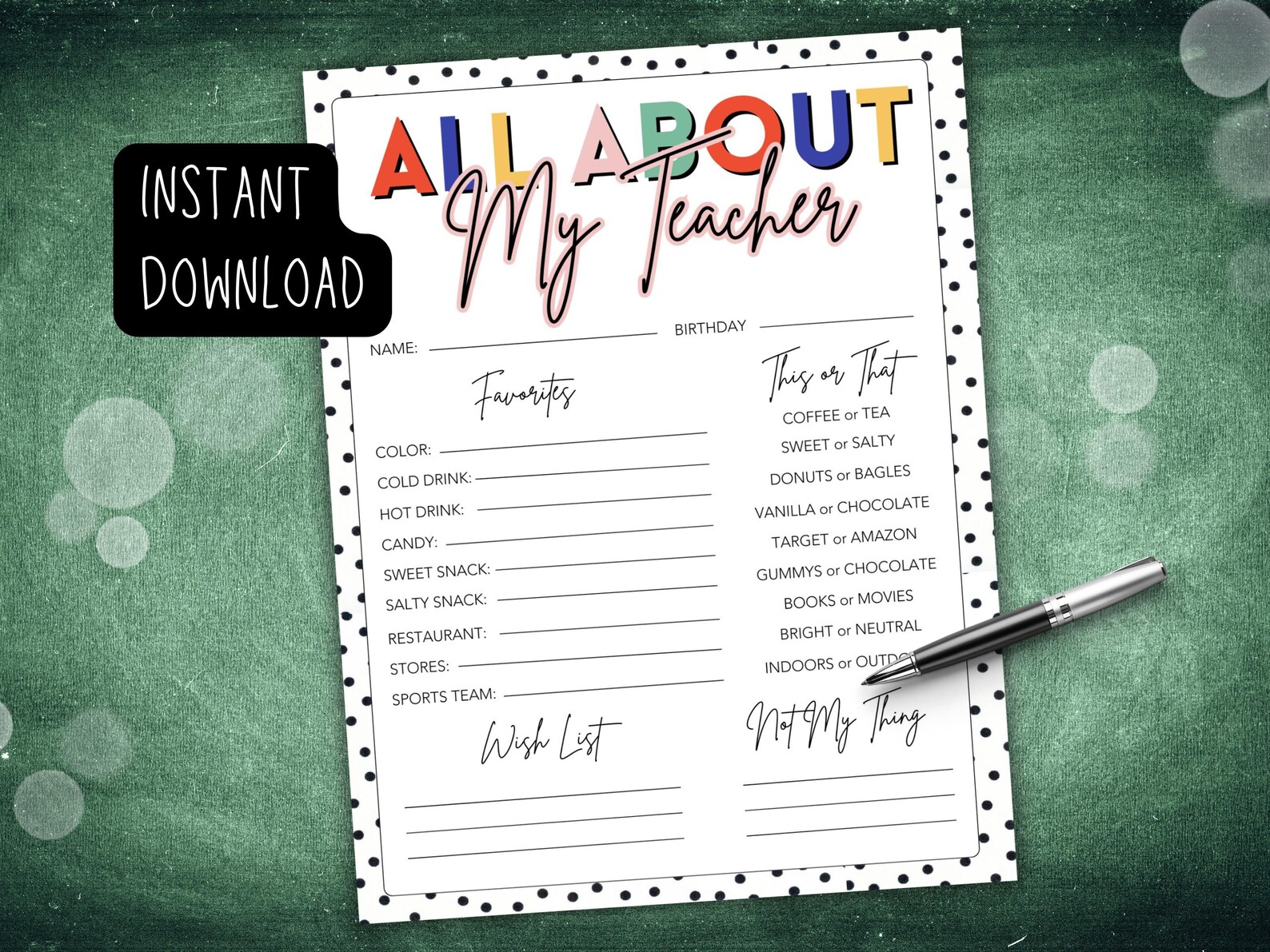 Teacher Survey Printable, Teacher Favorites Things, All About My ...