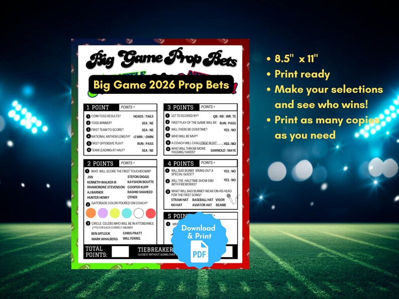 2026 Big Game Prop Bets – Football Party Game Printable PDF - Etsy