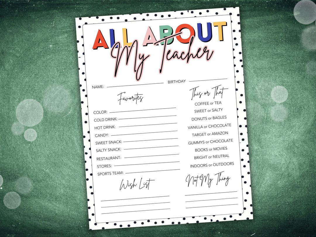 Teacher Survey Printable, Teacher Favorites Things, All About My ...