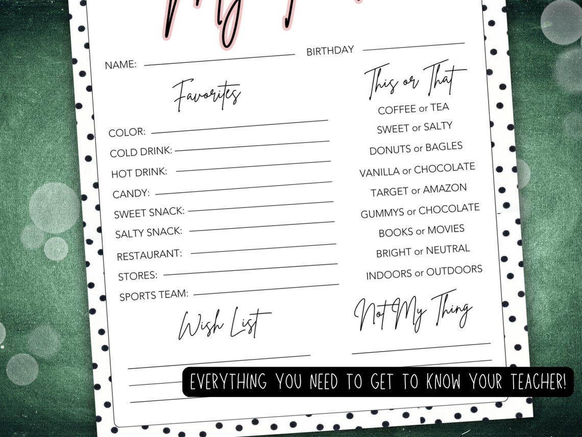 Teacher Favorites Survey Printable: Back to School Gift (digital ...