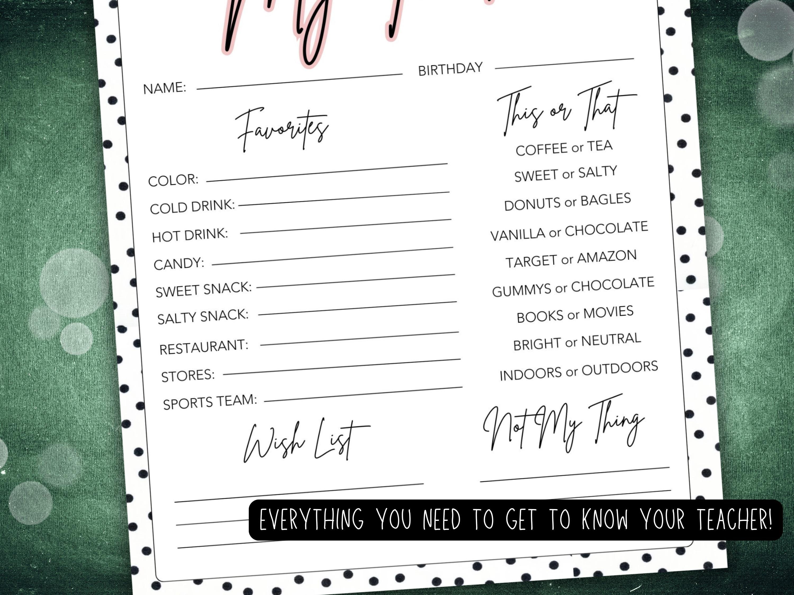 Teacher Survey Printable, Teacher Favorites Things, All About My ...