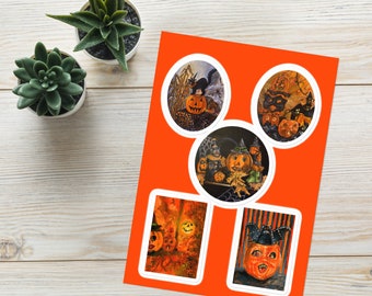 Vintage Halloween Sticker Pack, Retro Halloween Stickers, Black Cat ...