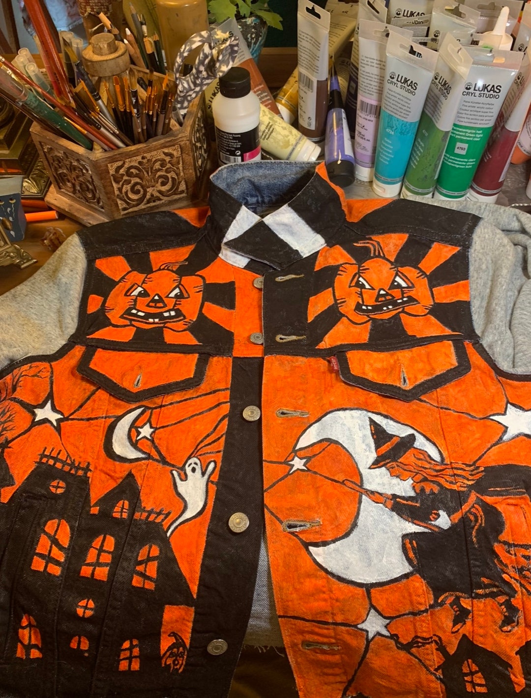 Custom Painted Halloween Denim Jacket - Etsy
