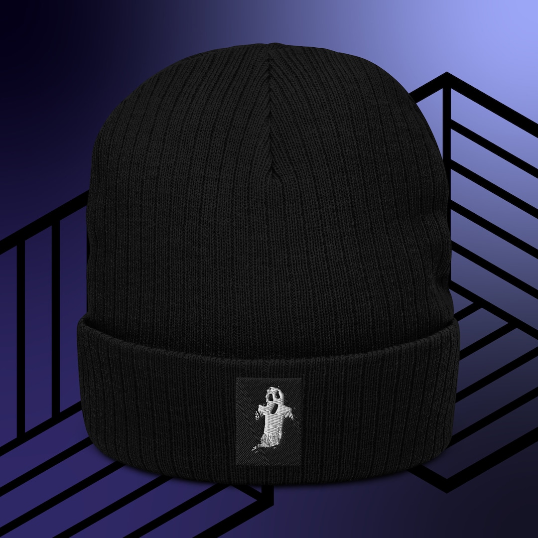 Ribbed Knit Beanie / Embroidered Halloween Ghost Beanie Winter Hat ...