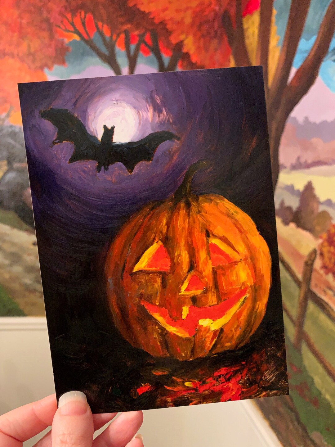 Vampire Bat Halloween Print: Jack O' Lantern Moon Art (5x7 Inch) - Etsy