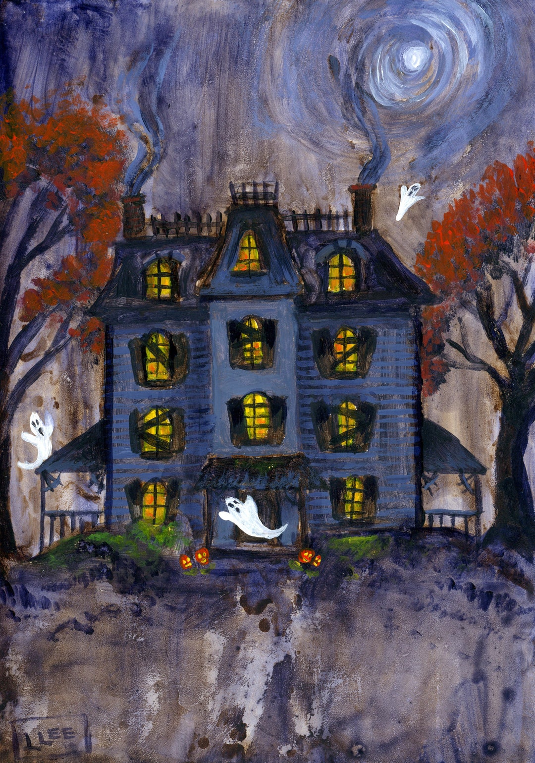 Ghoulish Manor 5 X 7" Halloween Haunted House Ghost Print - Etsy