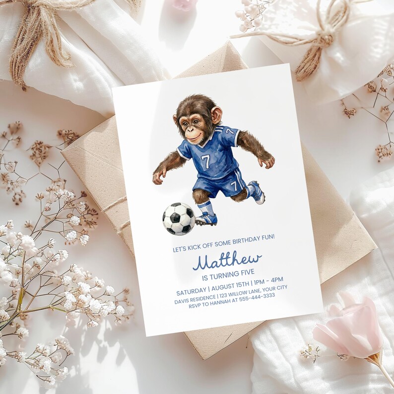 Playful Chimpanzee Soccer Birthday Party Invitation Template, Editable ...