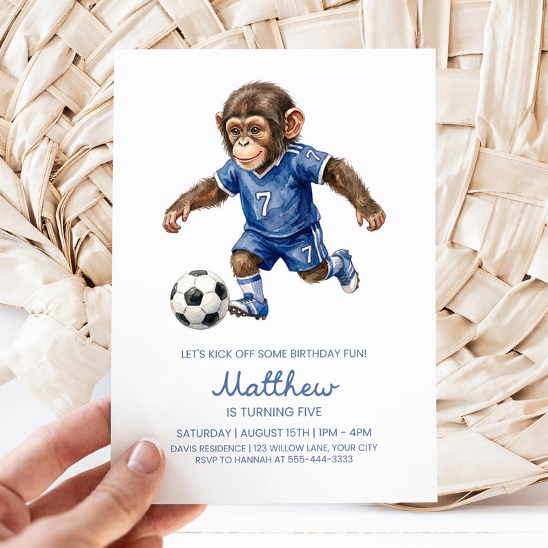 Playful Chimpanzee Soccer Birthday Party Invitation Template, Editable ...