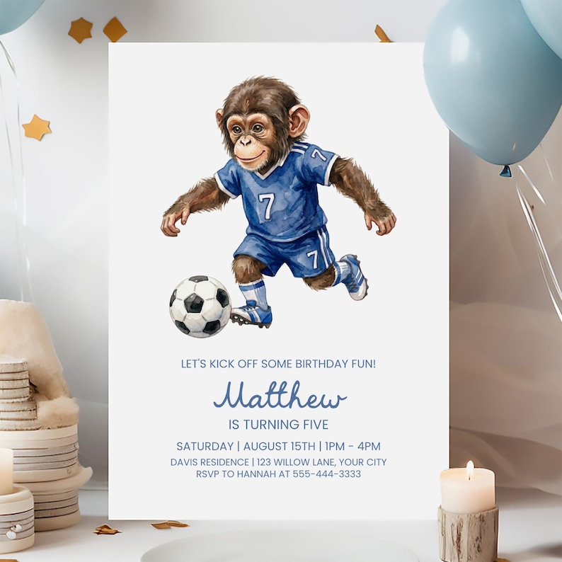 Playful Chimpanzee Soccer Birthday Party Invitation Template, Editable ...