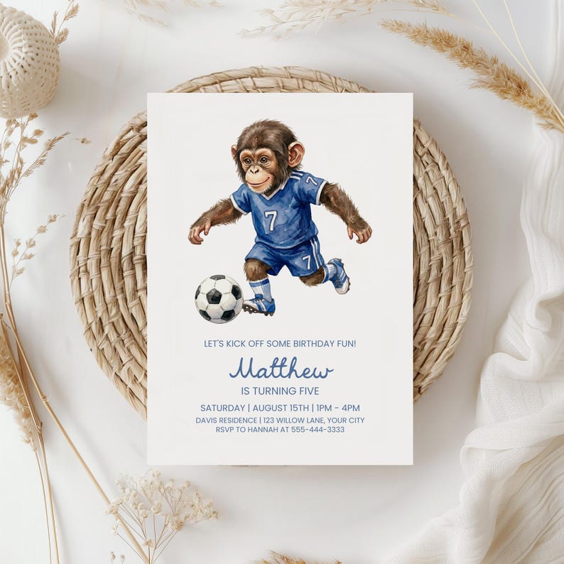 Playful Chimpanzee Soccer Birthday Party Invitation Template, Editable ...