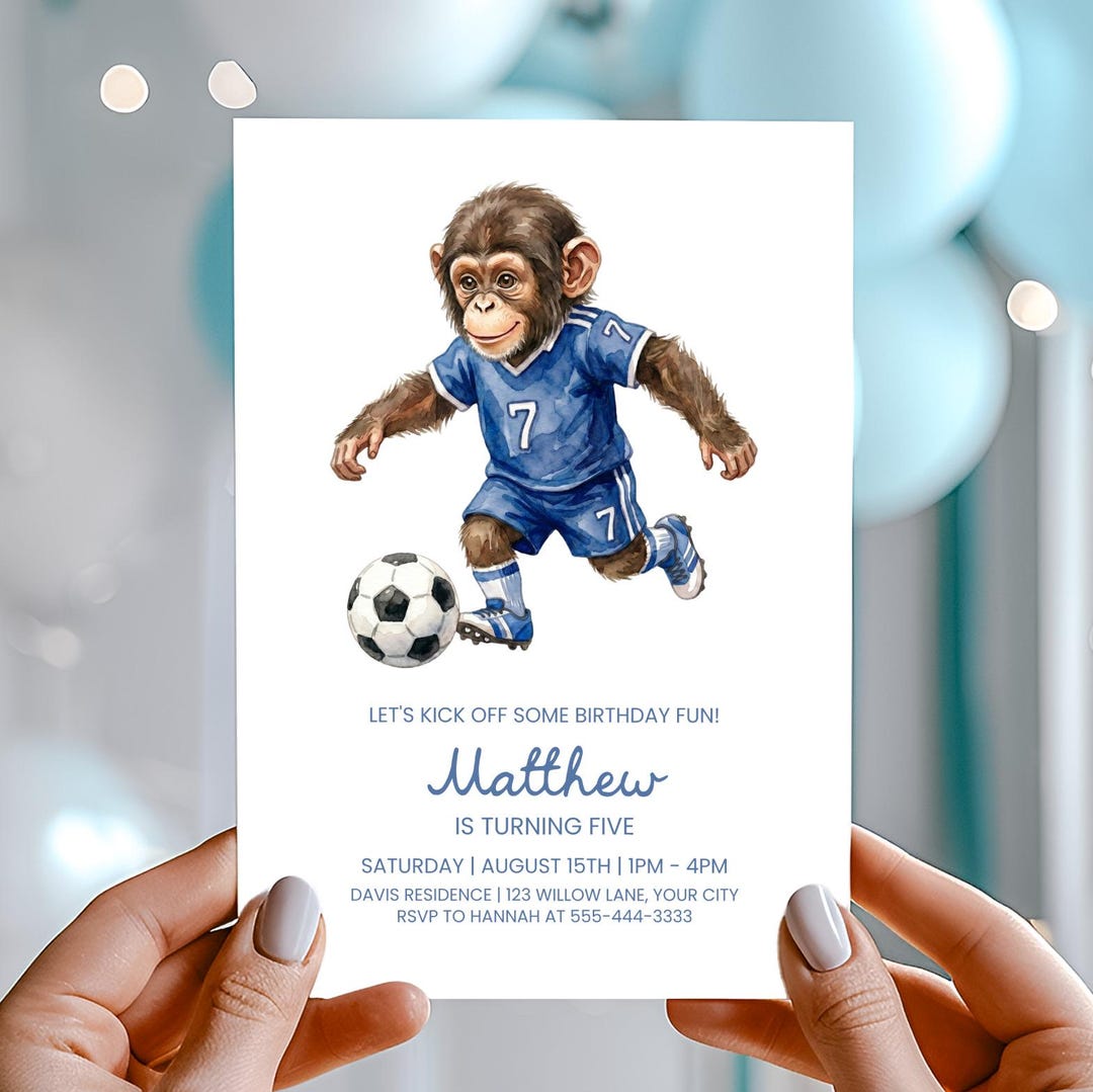 Playful Chimpanzee Soccer Birthday Party Invitation Template, Editable ...