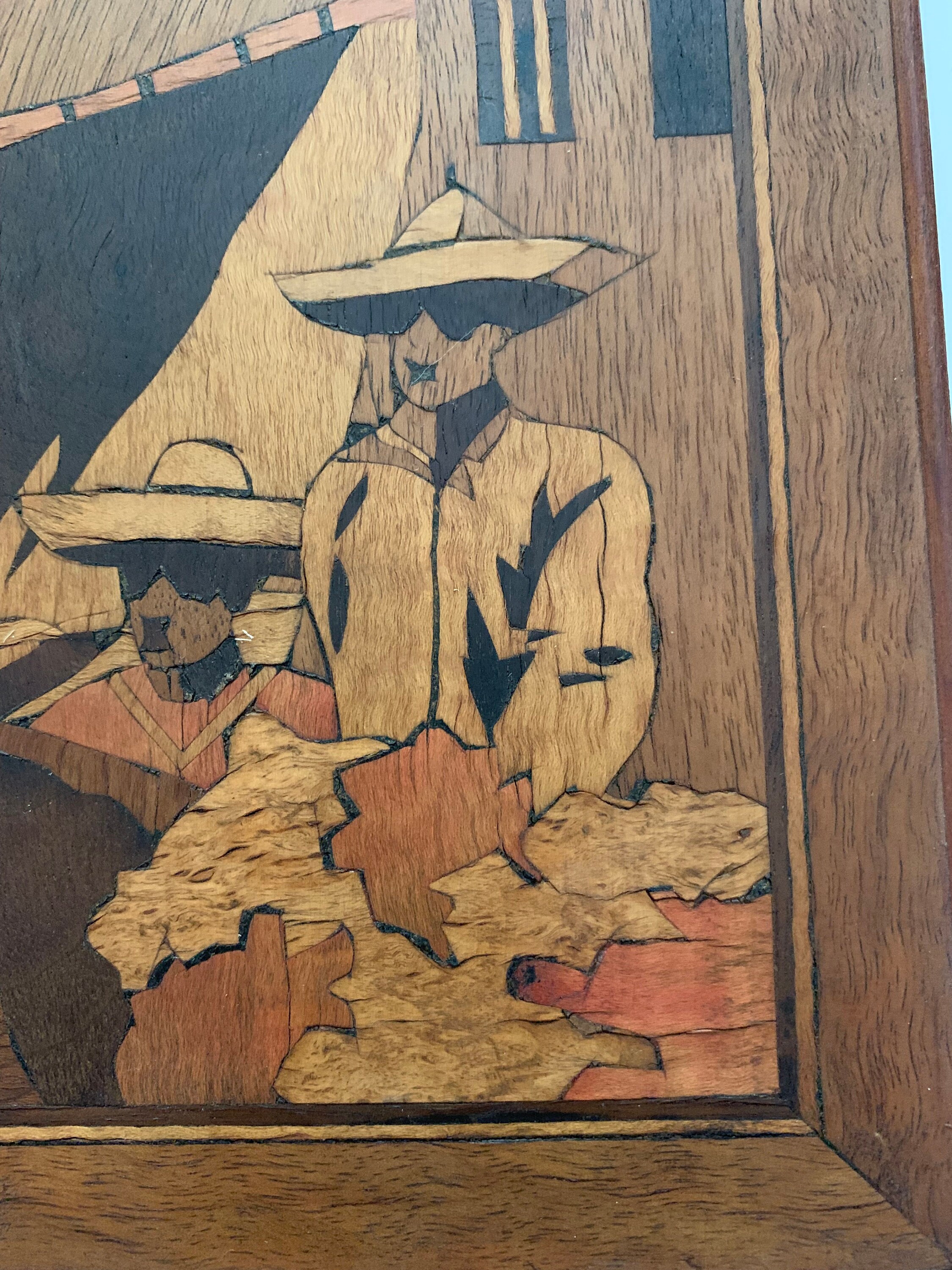 Vintage Inlaid Wood Marquetry Art Church Scene With Village, Men and ...