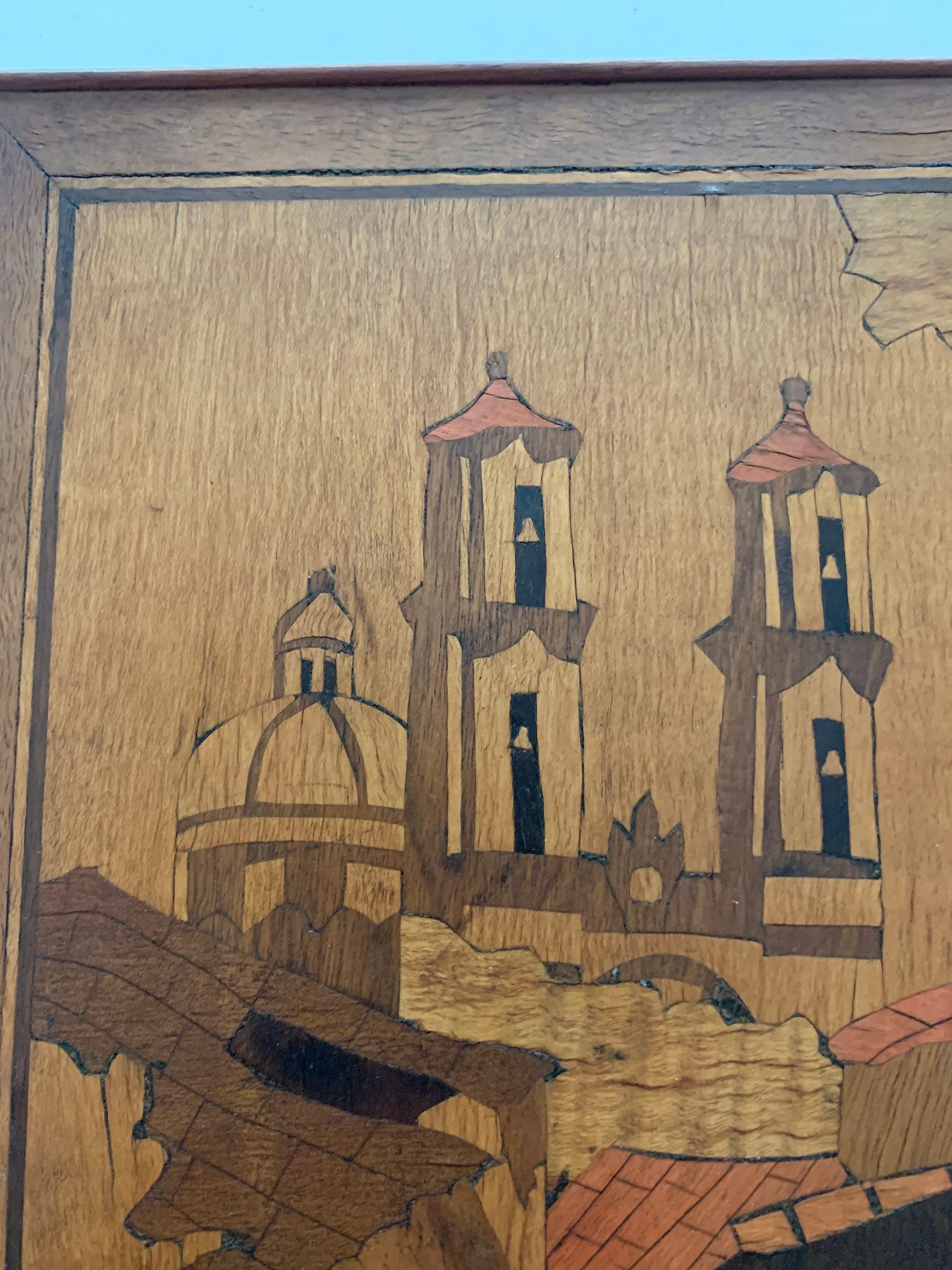 Vintage Inlaid Wood Marquetry Art Church Scene With Village, Men and ...