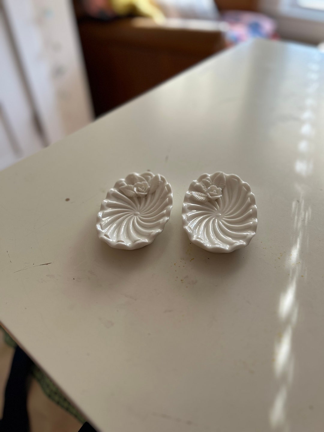 Oval White Milk Glass Textured Plates With Raised Rose Detail; Trinket ...