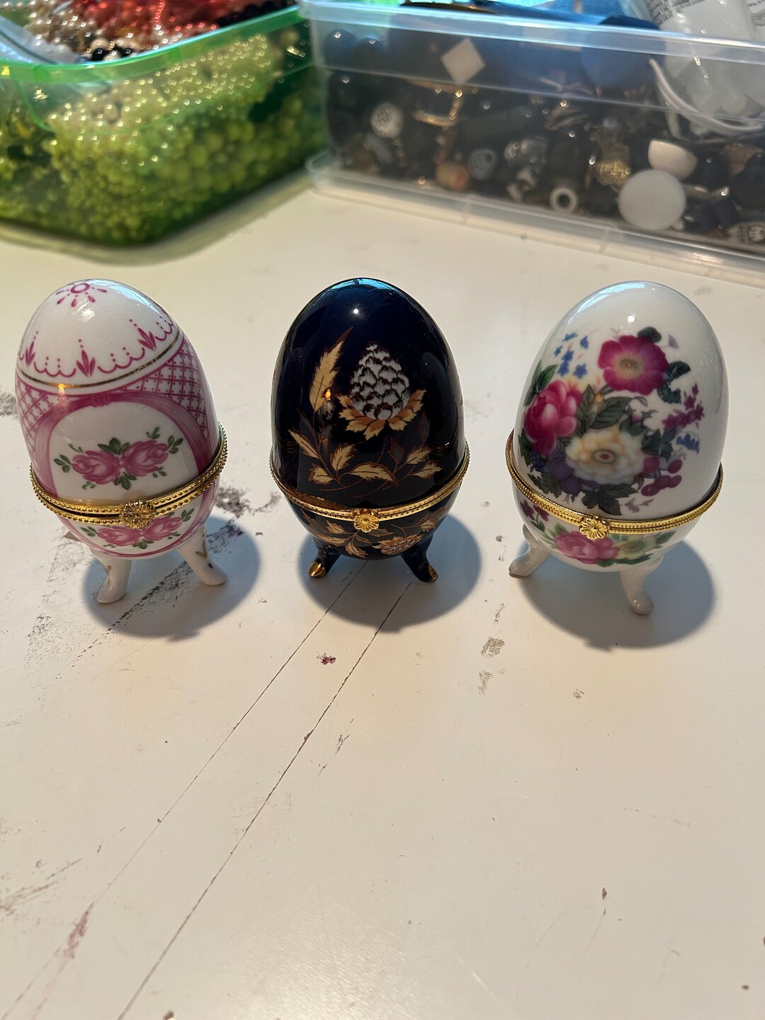 Vintage Hand Painted Egg Trinket Boxes; Cobalt, Pink/white Floral, Varied Floral/white ...