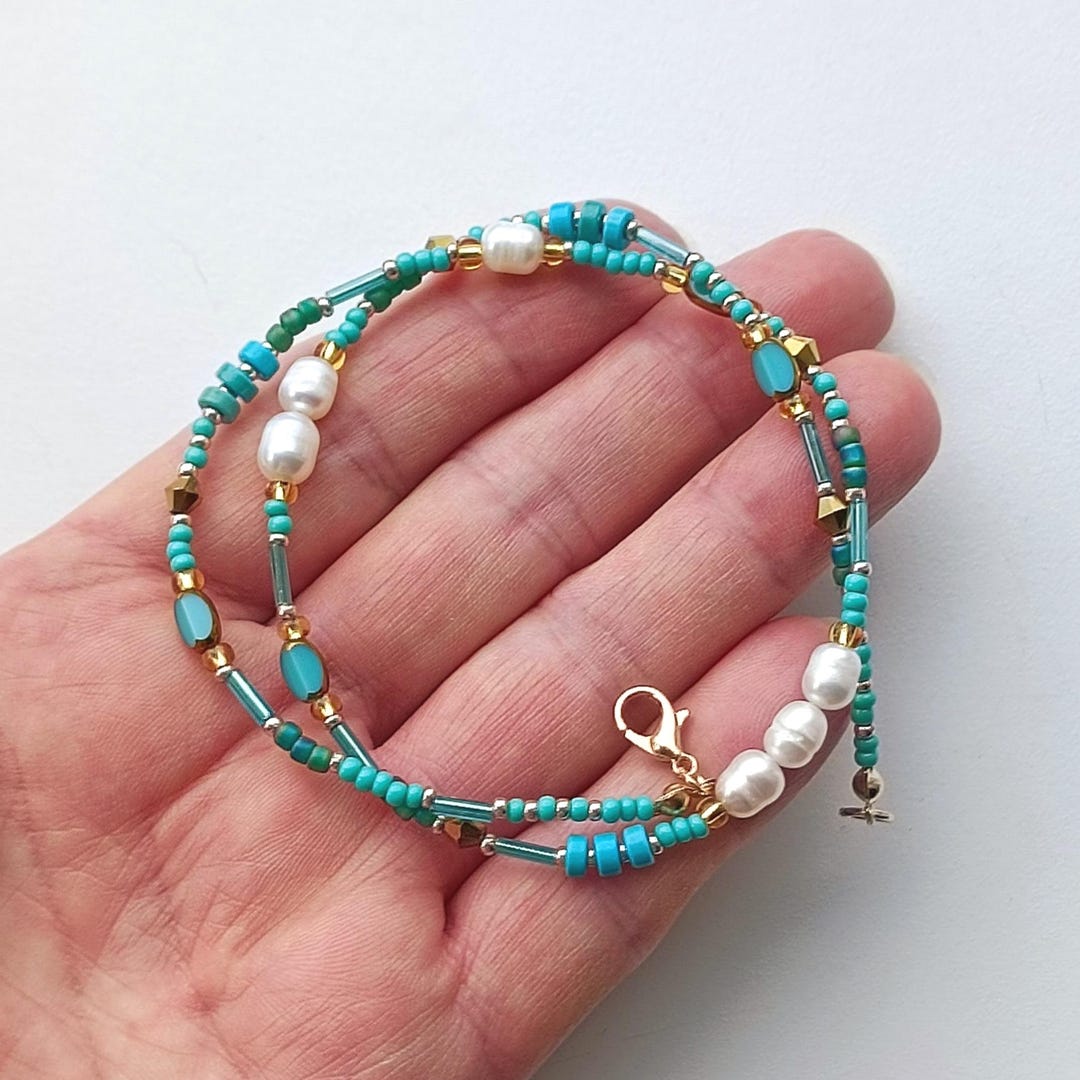 Turquoise With Pearl Mixed Beaded Necklace, Boho Necklace - Etsy