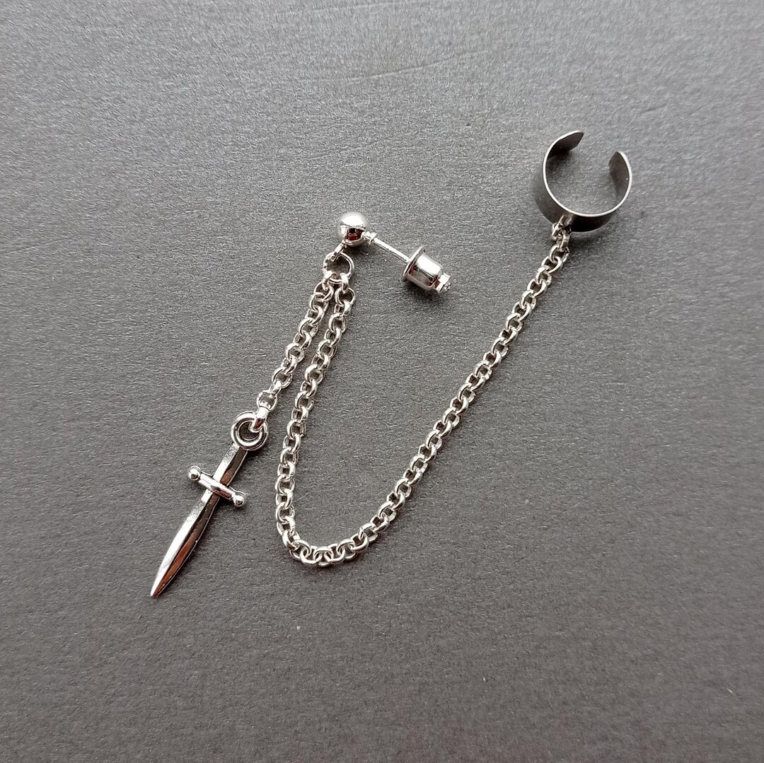 Ear Cuff With Dagger and Chain, Silver Stud Earring With Cuff Wrap ...