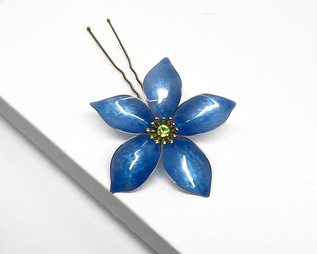 Handmade Hair Pin Dark Blue Large Flower With Swarovski Crystal ...
