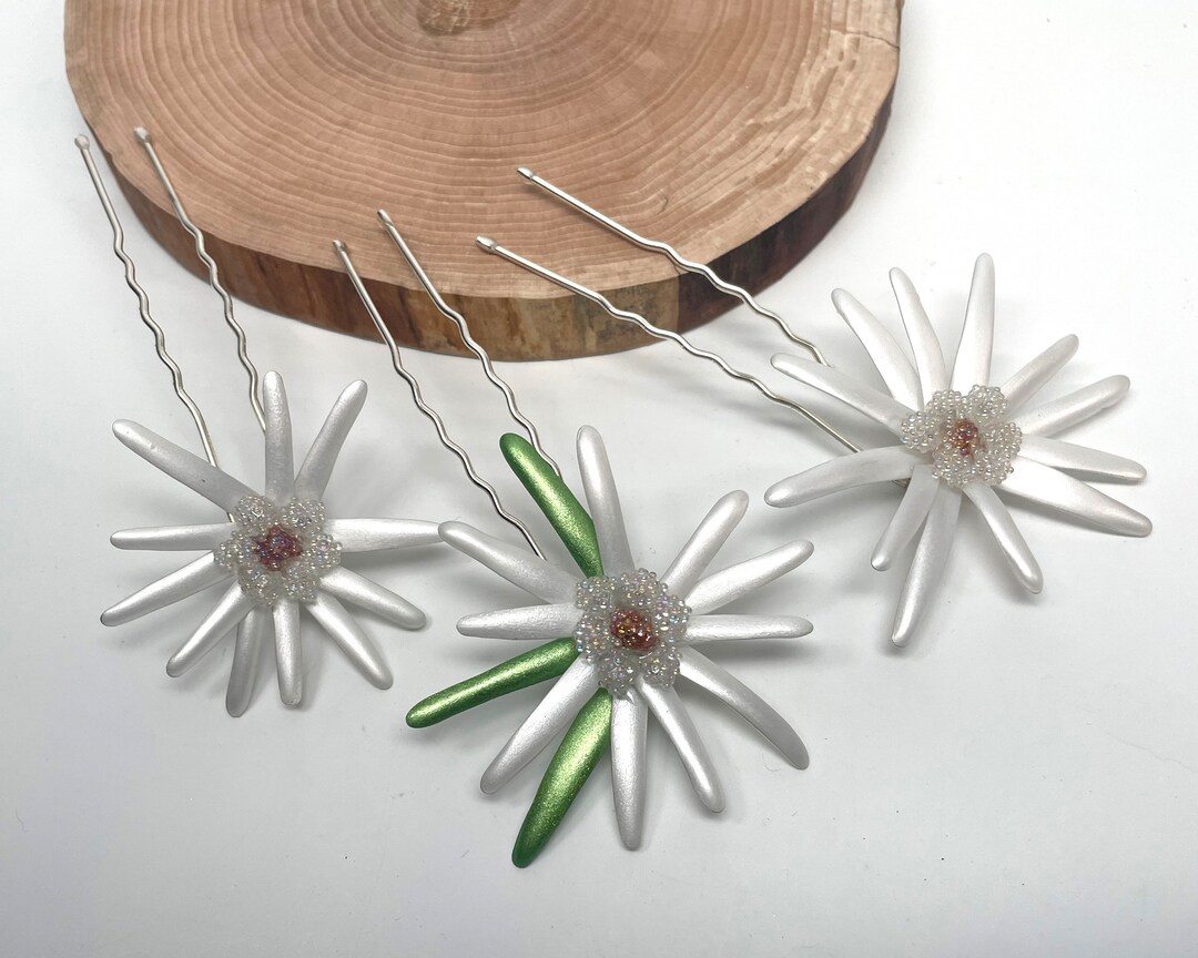 Set of 3 Handmade Hair Pins Edelweiss Flower, Bridal Flower, White Hair ...