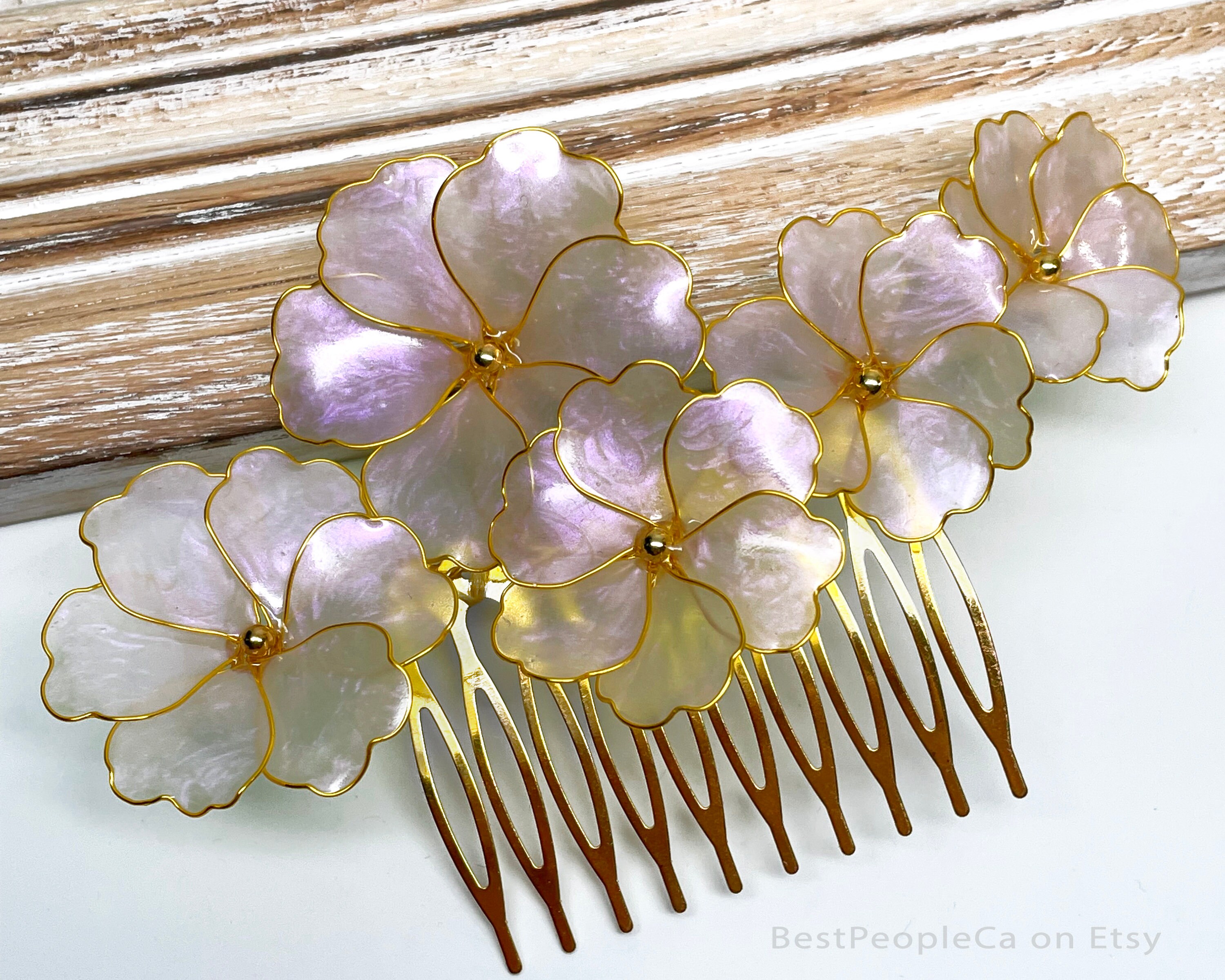 Handmade Iridescent Flower Hair Comb: Gold Wedding Accessory - Etsy