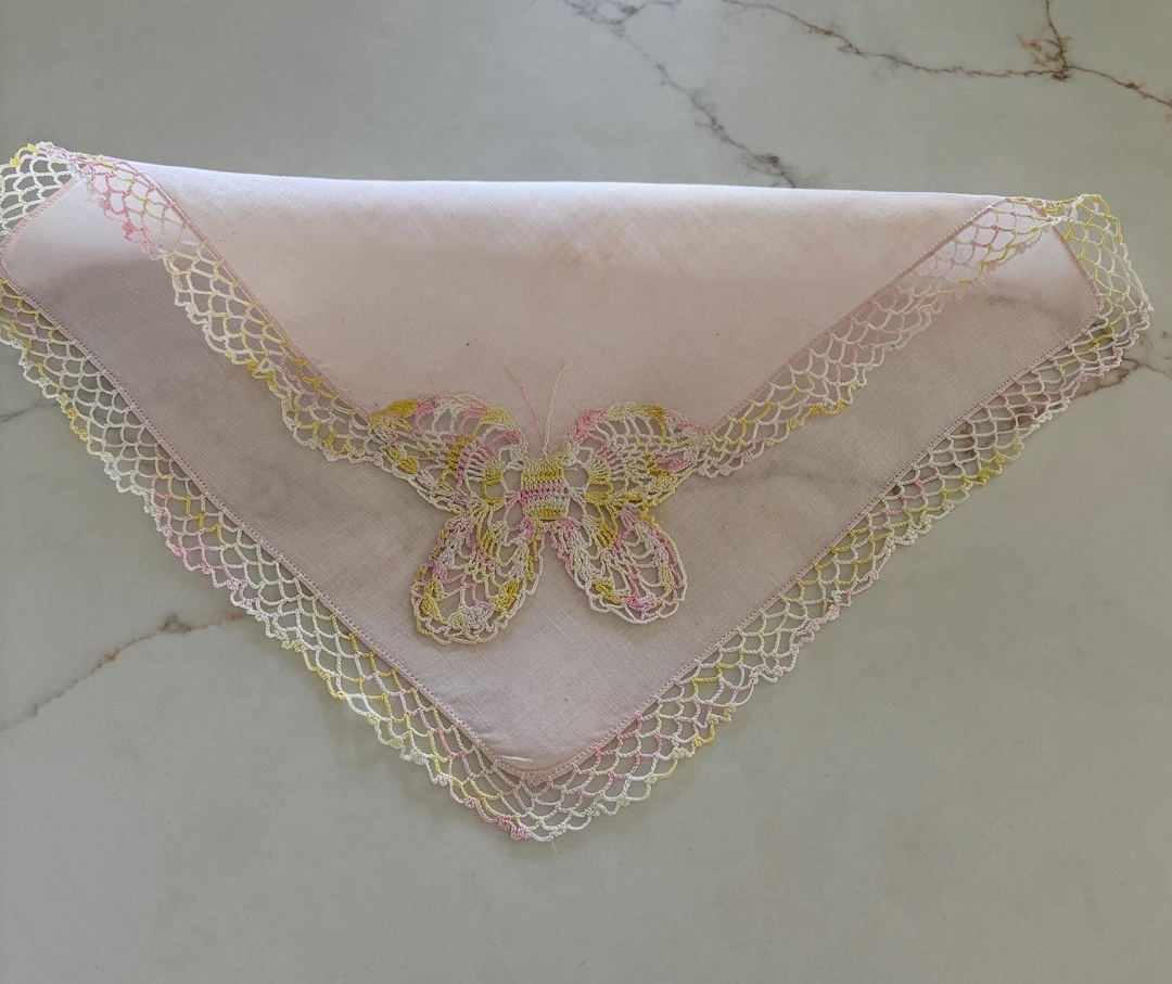 Ladies Handkerchief Sheer Pale Pink With Crocheted Butterfly, Vintage ...
