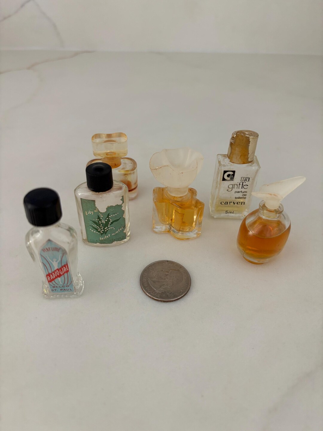 6 Miniature Perfume Bottles. Lily of the Valley, Pique, Oscar De La ...