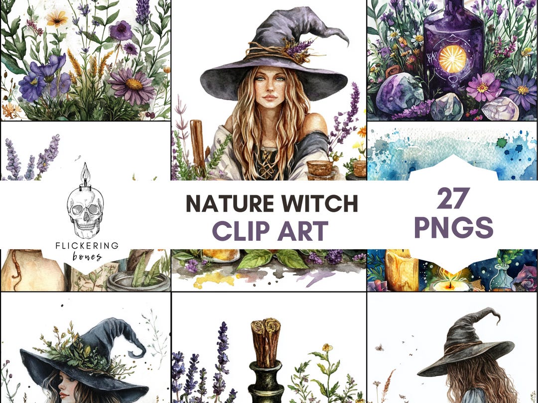 Nature Witch Clip Art in Watercolor Style | 27 Pngs | Witches, Wiccan ...