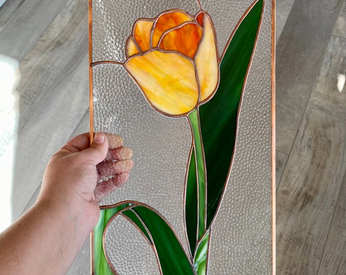 Handcrafted Stained Glass Tulip Panel in Red-orange, Nature Home Decor ...