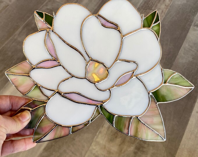 Handcrafted Stained Glass Magnolia Suncatcher in White With | Etsy