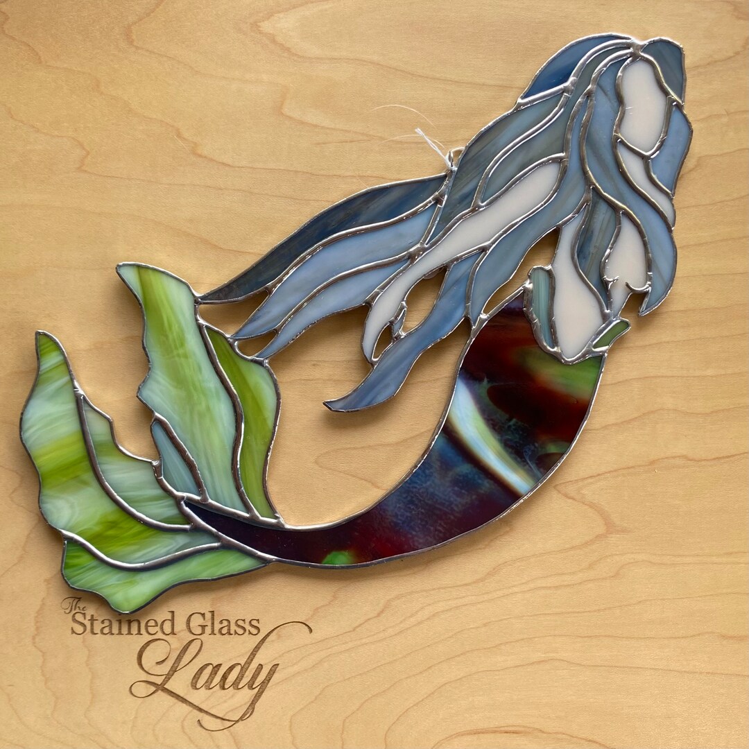 Handcrafted Stained Glass Mermaid Suncatcher in Red and Lime Green ...