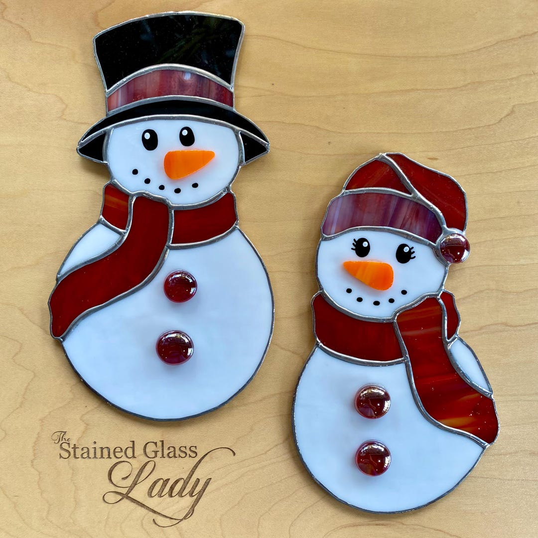 Handcrafted Stained Glass Snowman Suncatcher in Red Wispy, Seasonal ...