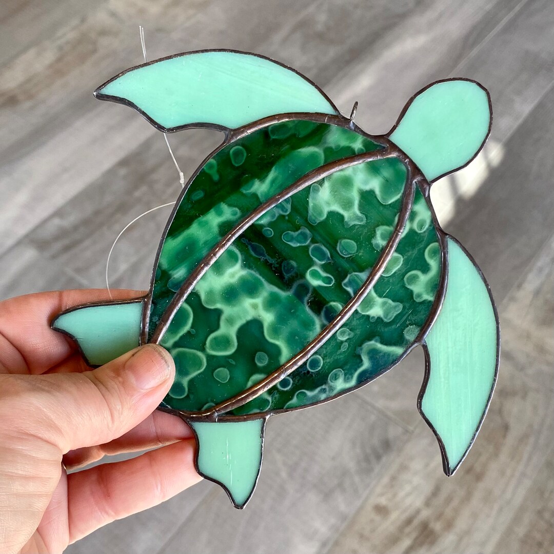 Handcrafted Stained Glass Sea Turtle Suncatcher in Dark Green - Etsy