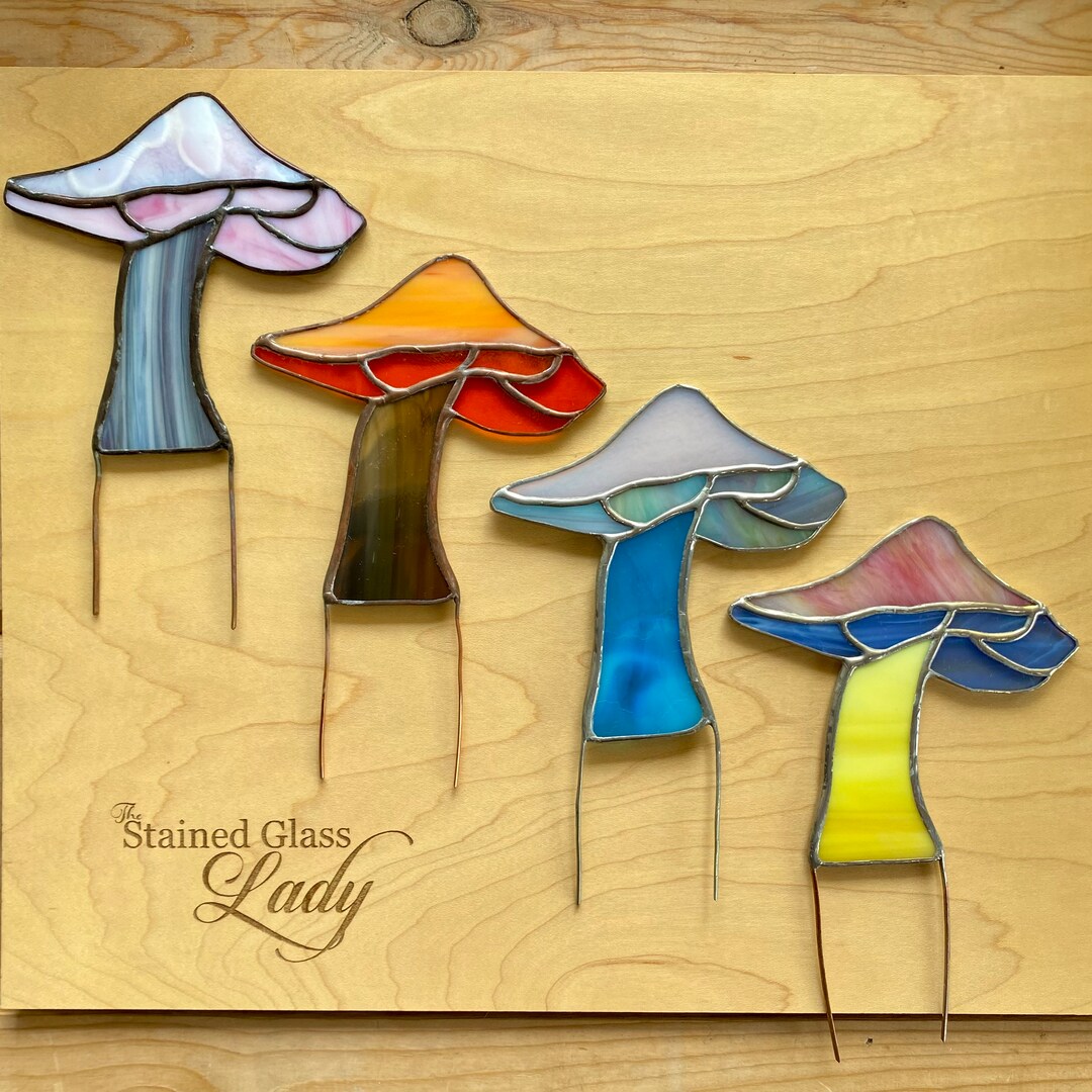 Handcrafted Stained Glass Mini Fungus Plant Stake, Unique Garden Art ...