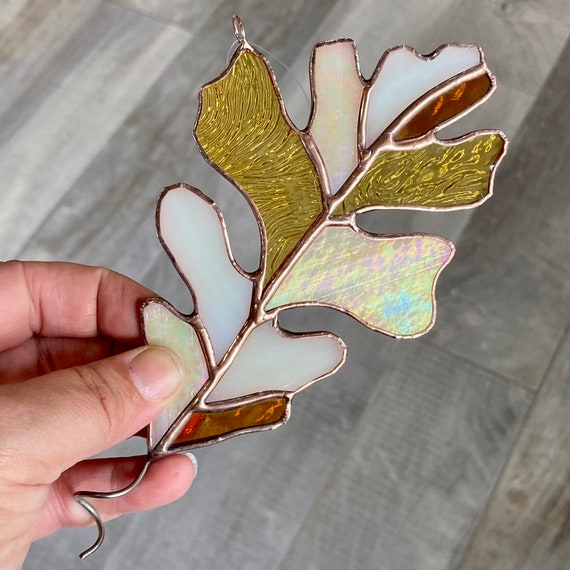 Handcrafted Stained Glass Autumn Leaves in Amber and Ivory - Etsy