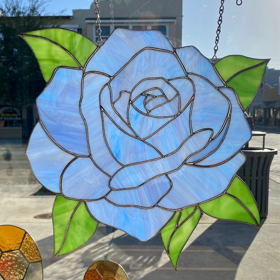 Rose Stained Glass Panel in Periwinkle Blue Wispy, Handcrafted Floral ...