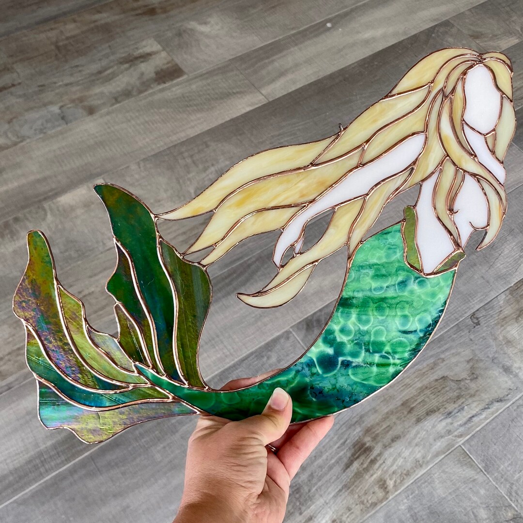 Handcrafted Stained Glass Mermaid Suncatcher in Green and White ...