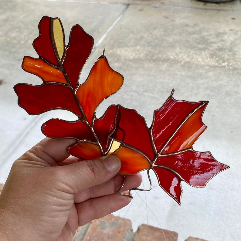 Handcrafted Stained Glass Autumn Leaves in Red and Orange - Etsy