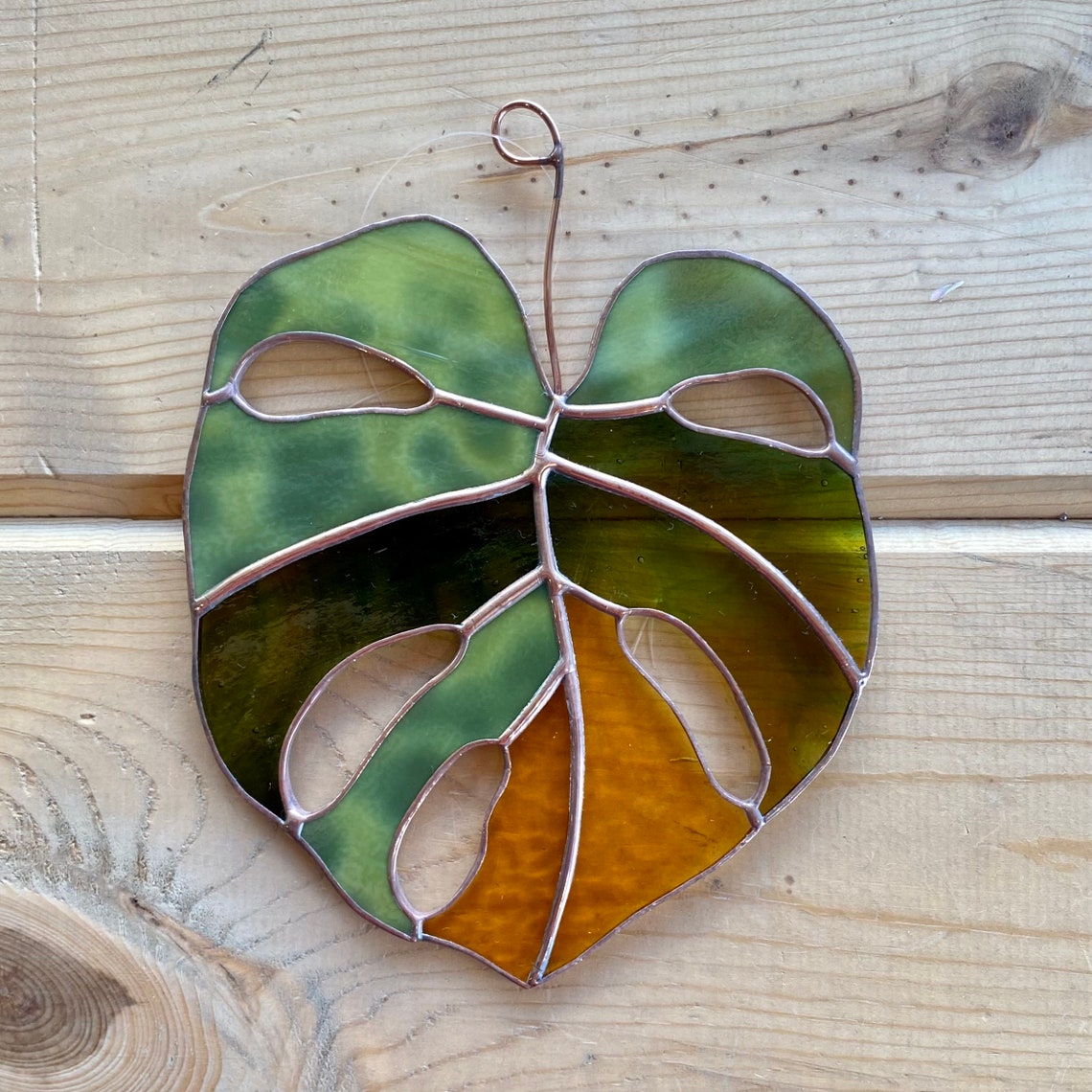 Medium Monstera Leaf in Olive Green and Amber Stained Glass - Etsy